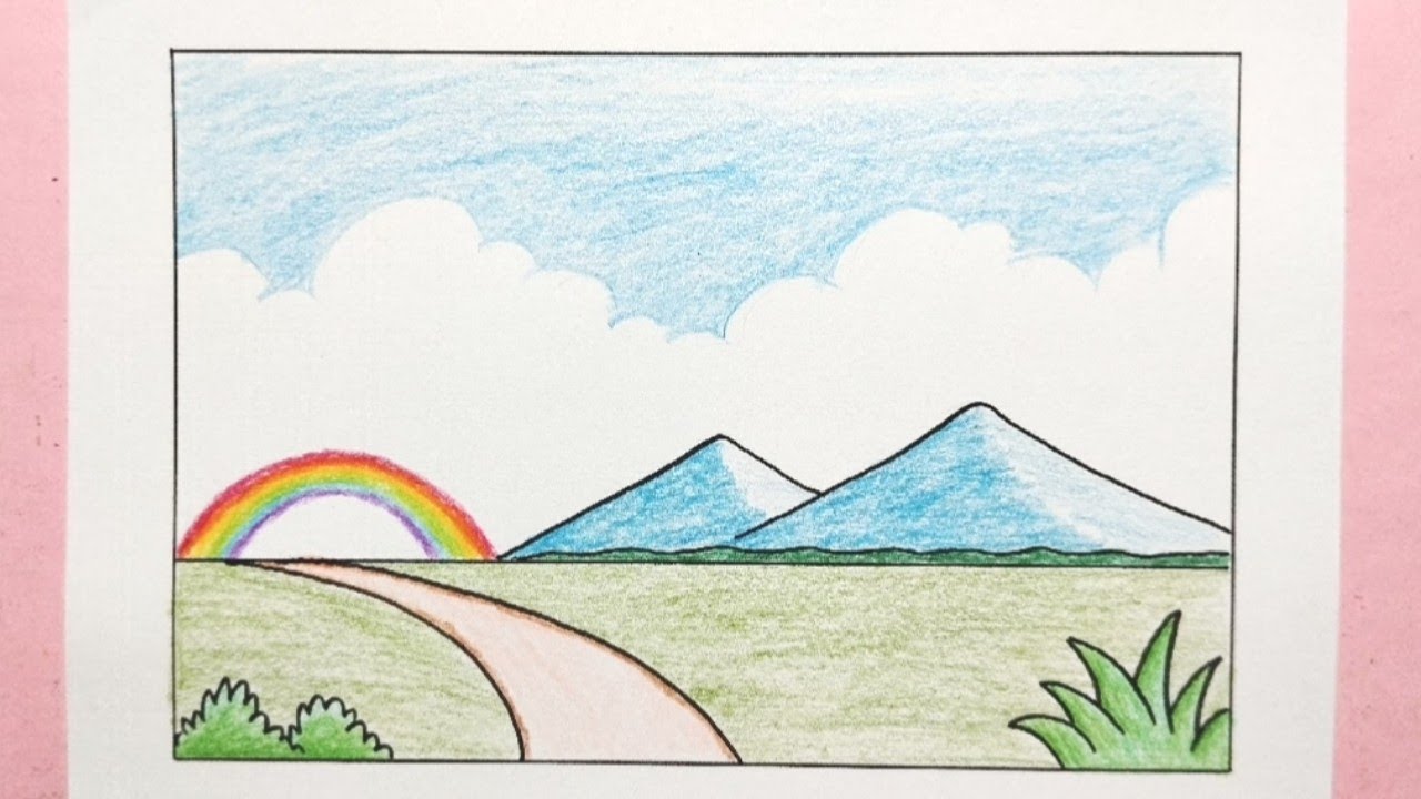 Cara menggambar pemandangan alam pelangi - How to draw scenery for ...