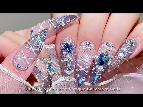 한밤의 푸른 빛을 담은 다크 발레코어 네일,,🤍🌌화려한 스톤아트 꿀팁!🤭🫶🏻 | 네일아트 | 셀프네일 | 네일튜토리얼 | asmr
