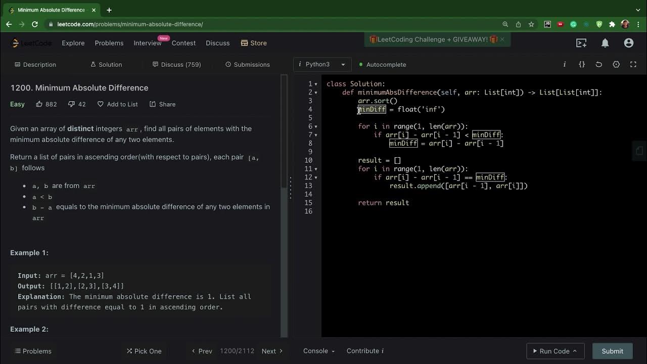 LeetCode 1200. Minimum Absolute Difference - python 3 - YouTube