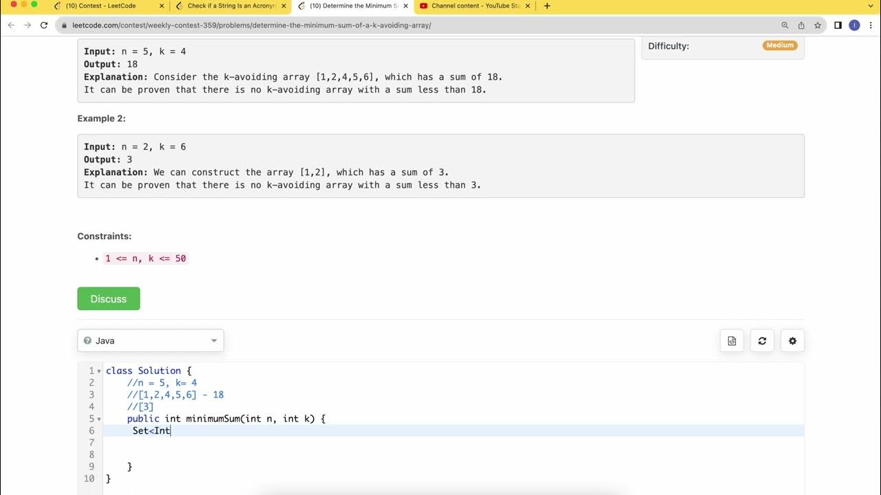 Leetcode 2829 Determine the Minimum Sum of a k-avoiding Array - YouTube
