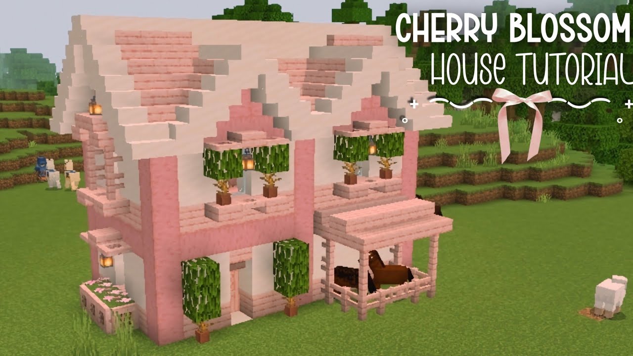 Minecraft Cherry Blossom house Along with the HORSE STABLES tutorial ...