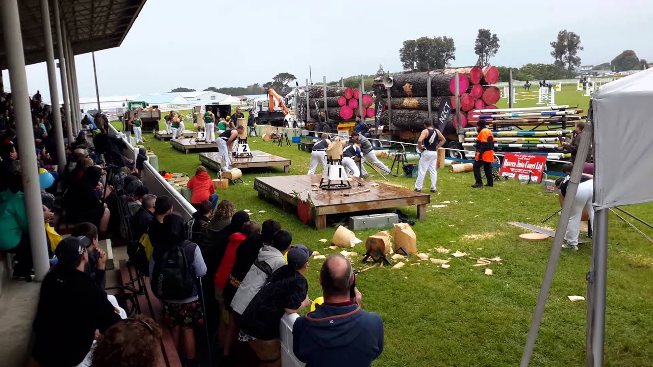 Australia vs NZ woodchopping 1st race Hawera 2015 - YouTube
