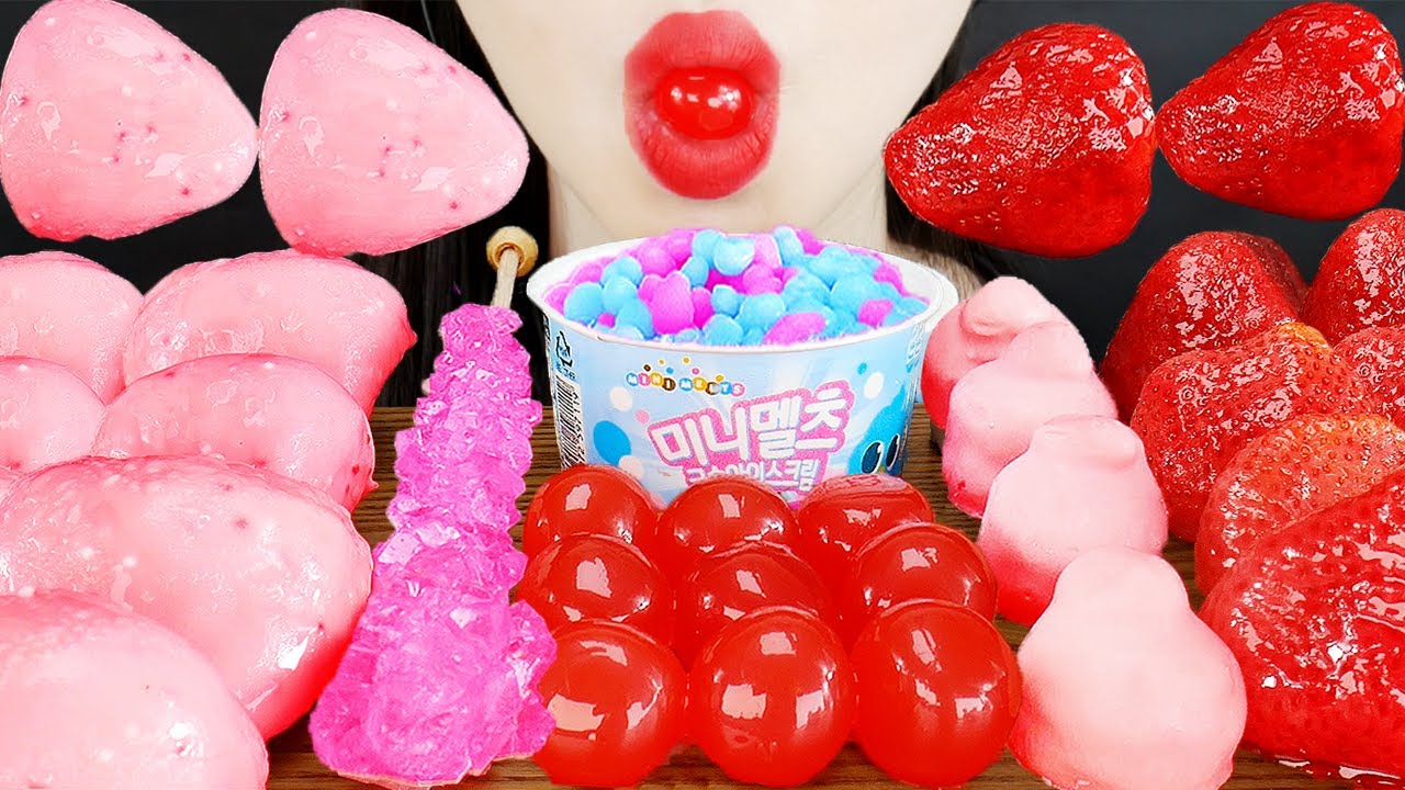 Asmr Big Ball Popping Boba And Red Rock Candy And Strawberry And Chcolate
