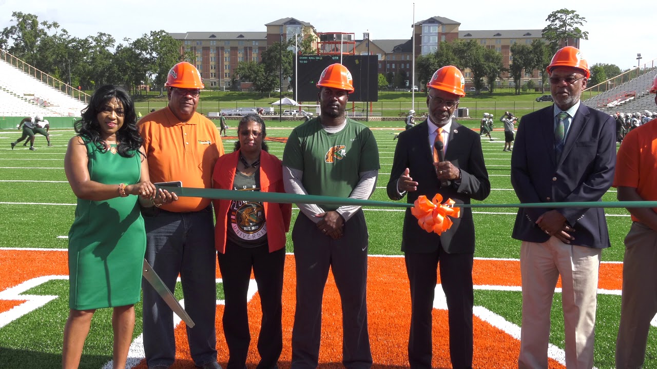 Bragg Stadium Turf ribbon cutting - YouTube