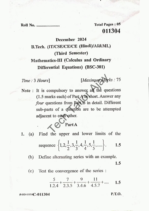 YMCA, Btech CSE 3rd sem (Math 3 ) previous year question paper 2024 - YouTube