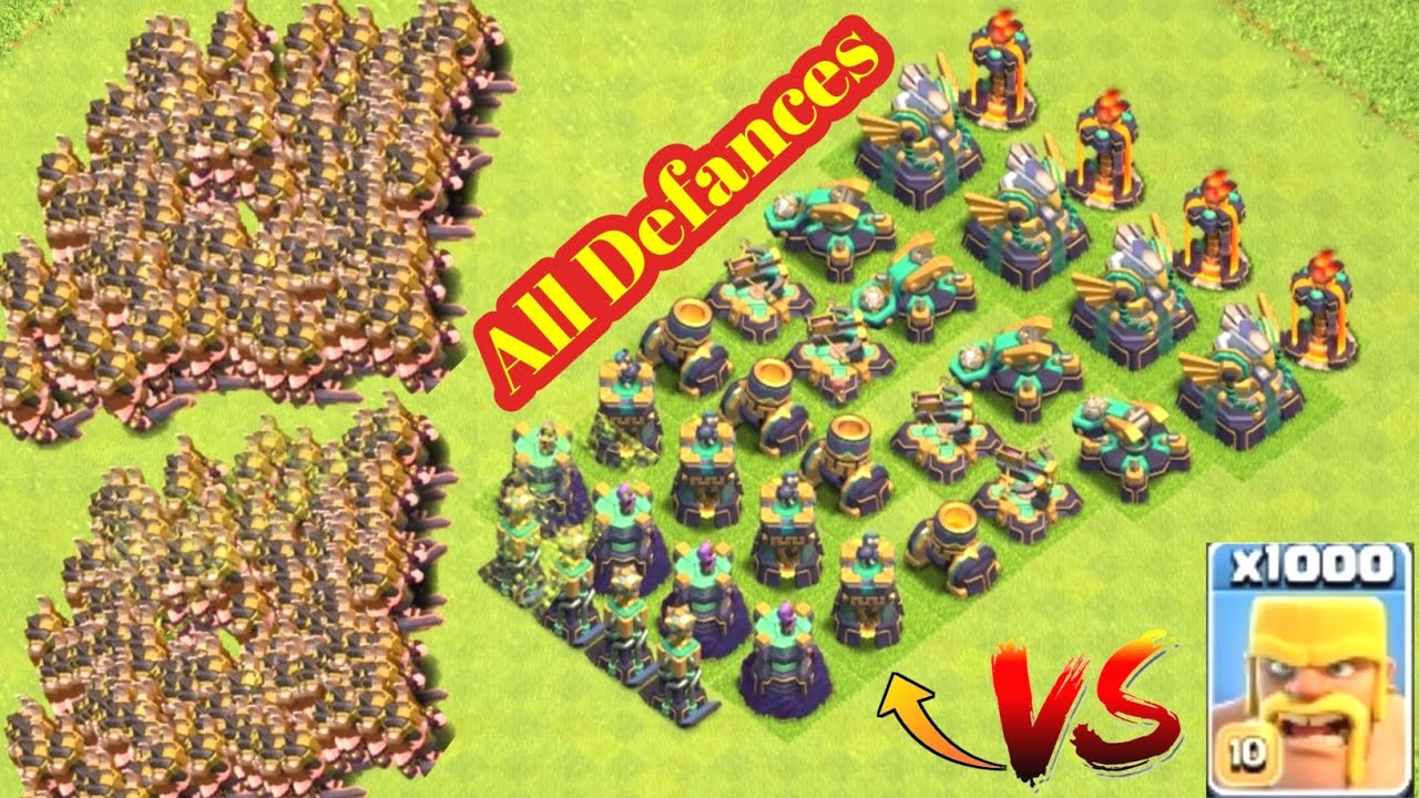 1000 Barbarian Vs All Defences Clash Of Clans | Coc Battle Between ...