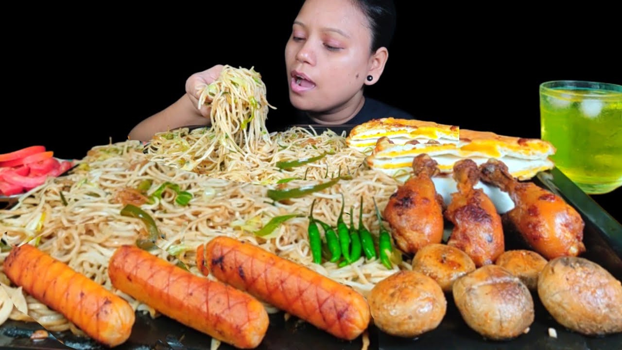 EATING CHOWMIN, CHICKEN LEG PIECE, GARLIC MUSHROOM, CHICKEN SAUSAGE ...