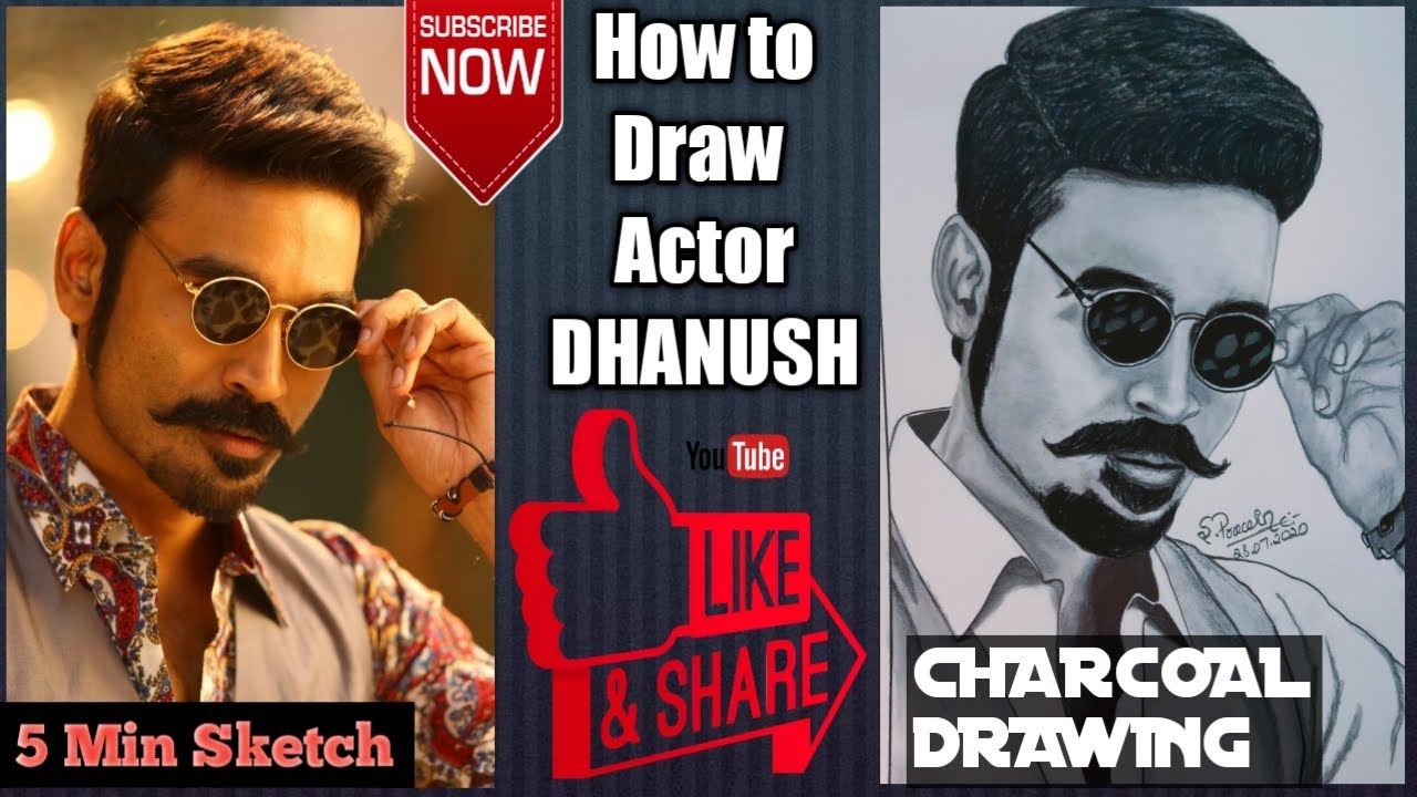 #dhanush How to draw ACTOR DHANUSH||5 min sketch||#charcoalart# ...