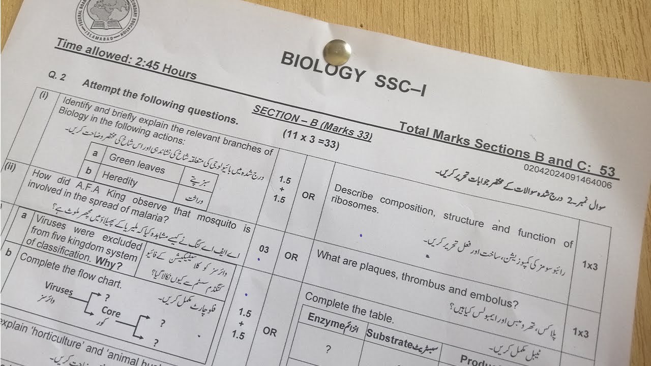 Biology 9 SSC- 1 Annual Paper 2024 | Federal Board - YouTube
