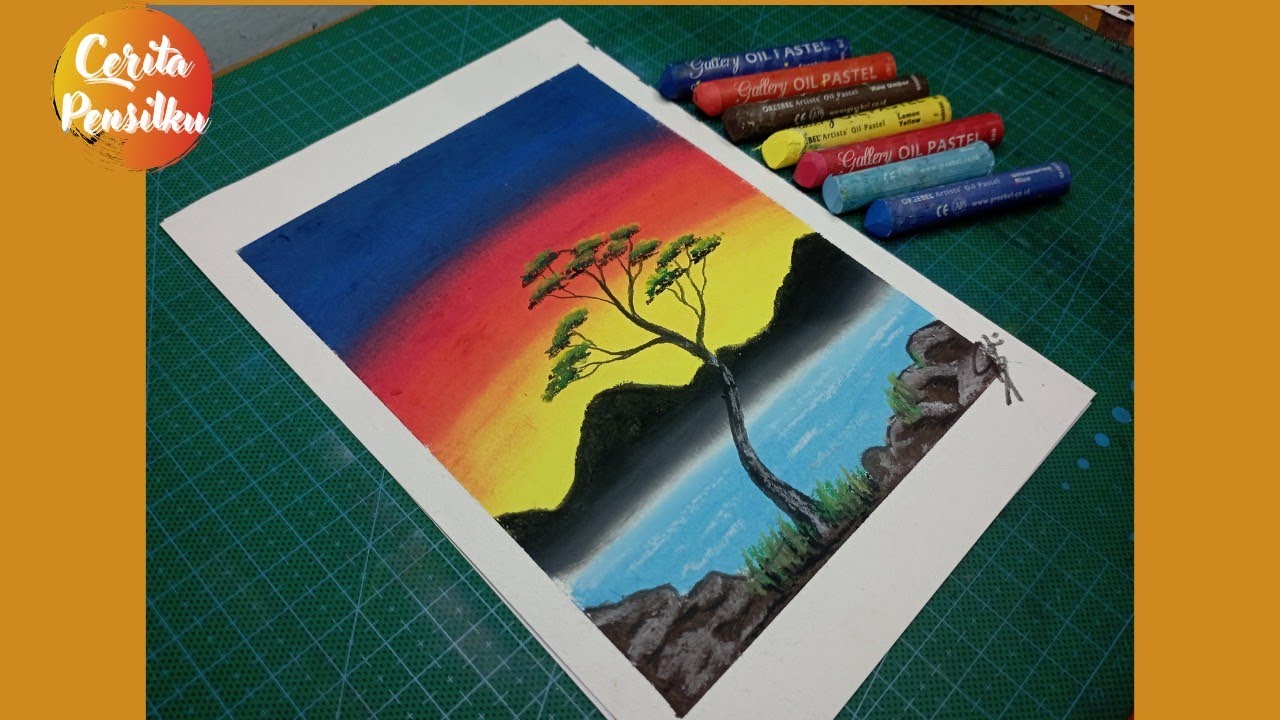 Cara menggambar sunset dengan pemandangan pohon dan gunung - YouTube