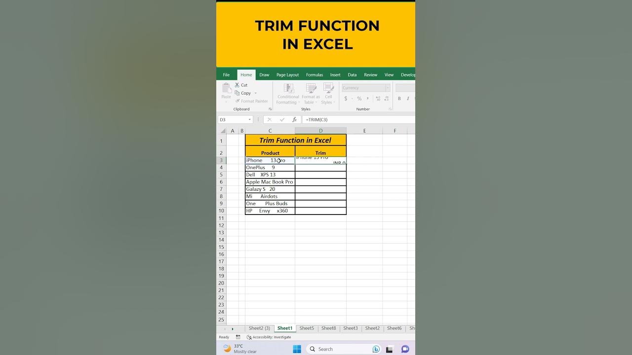 TRIM FUNCTION IN EXCEL #excelshorts #shorts #exceltutorial #msexcel #microsoftexcel #exceltips ...