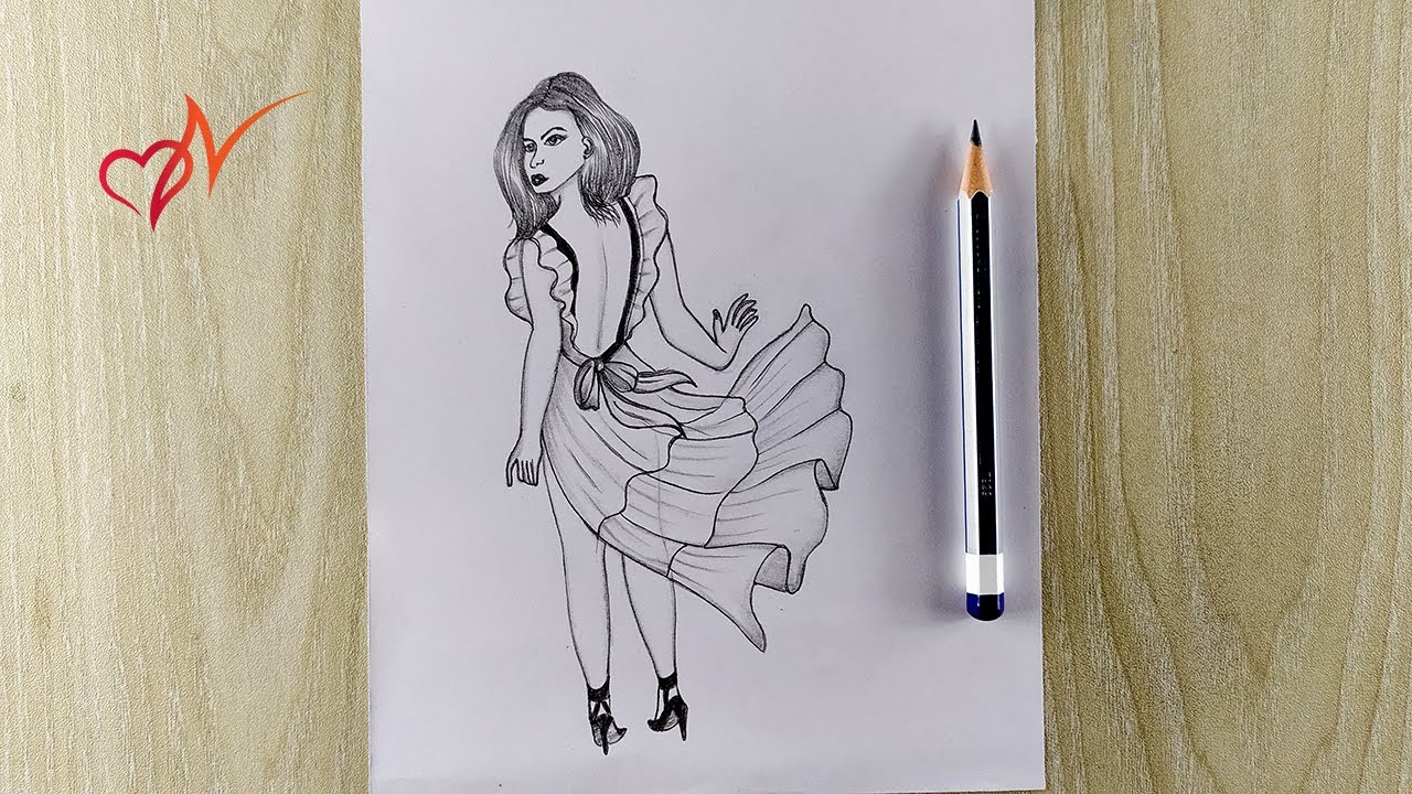 Girl wearing high heel and party dress | Step by step pencil sketch ...