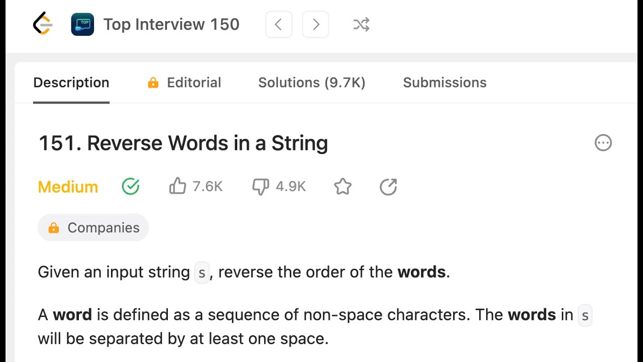 Leetcode 151 Reverse Words In A String Problem No 151 Top 6876