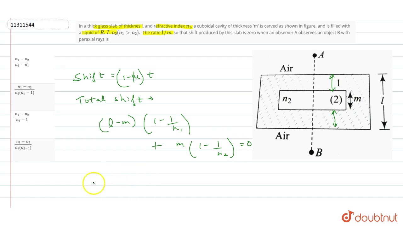 In a thick glass slab of thicknes l, and refractive index `n_(1)`, a ...