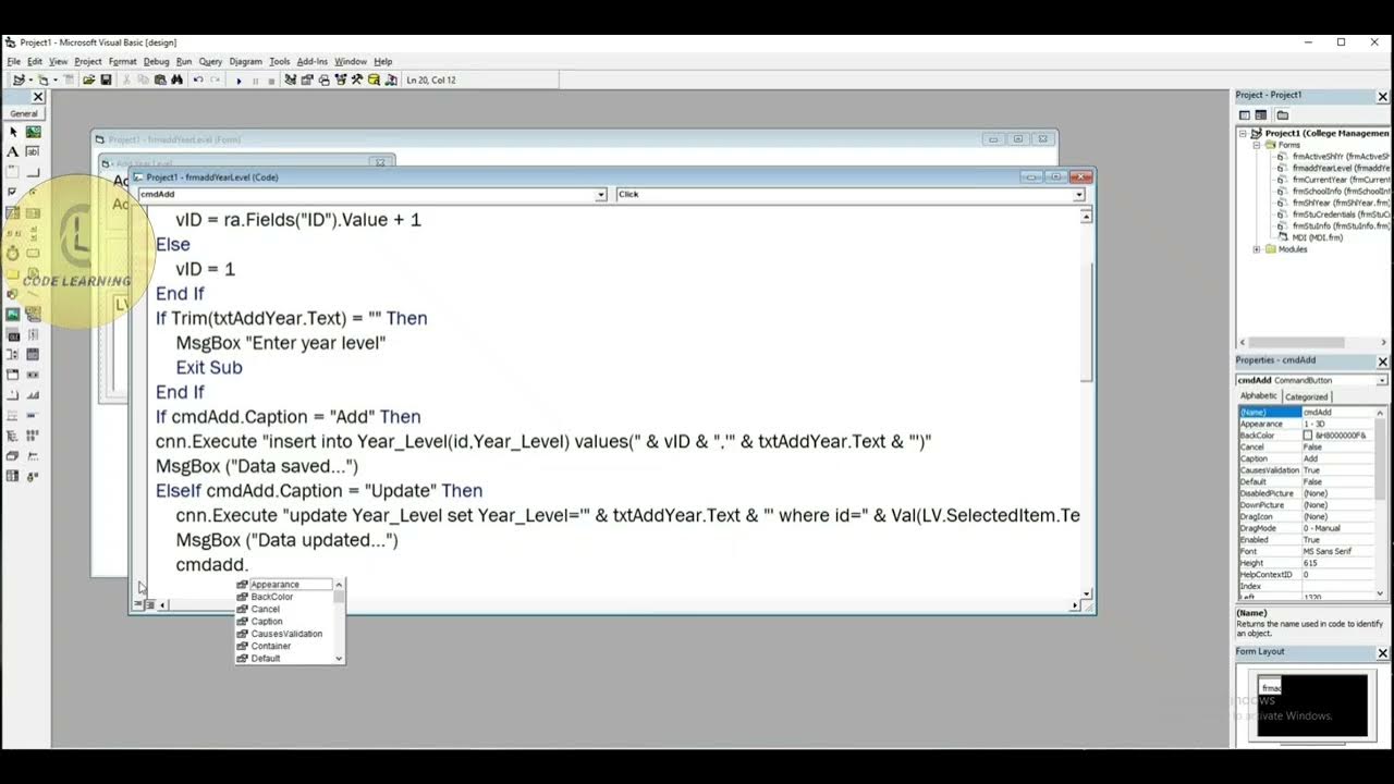 Vb6.0 | CMP 'frmAddYearLevel - update data' | CodeLearning - YouTube