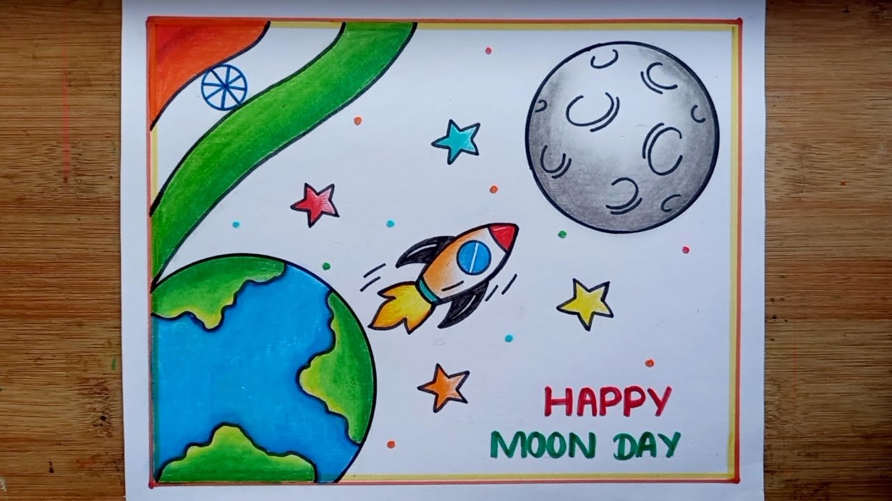 National Moon Day Poster Drawing Easy/ Chandra Dinam Drawing/ International Moon Day Drawing ...