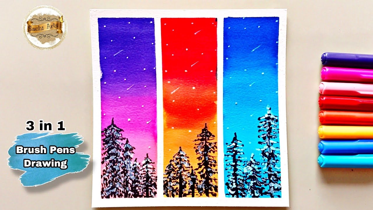 Winter Special 3 in 1 Scenery drawing | Easy Brush Pens Drawings for ...