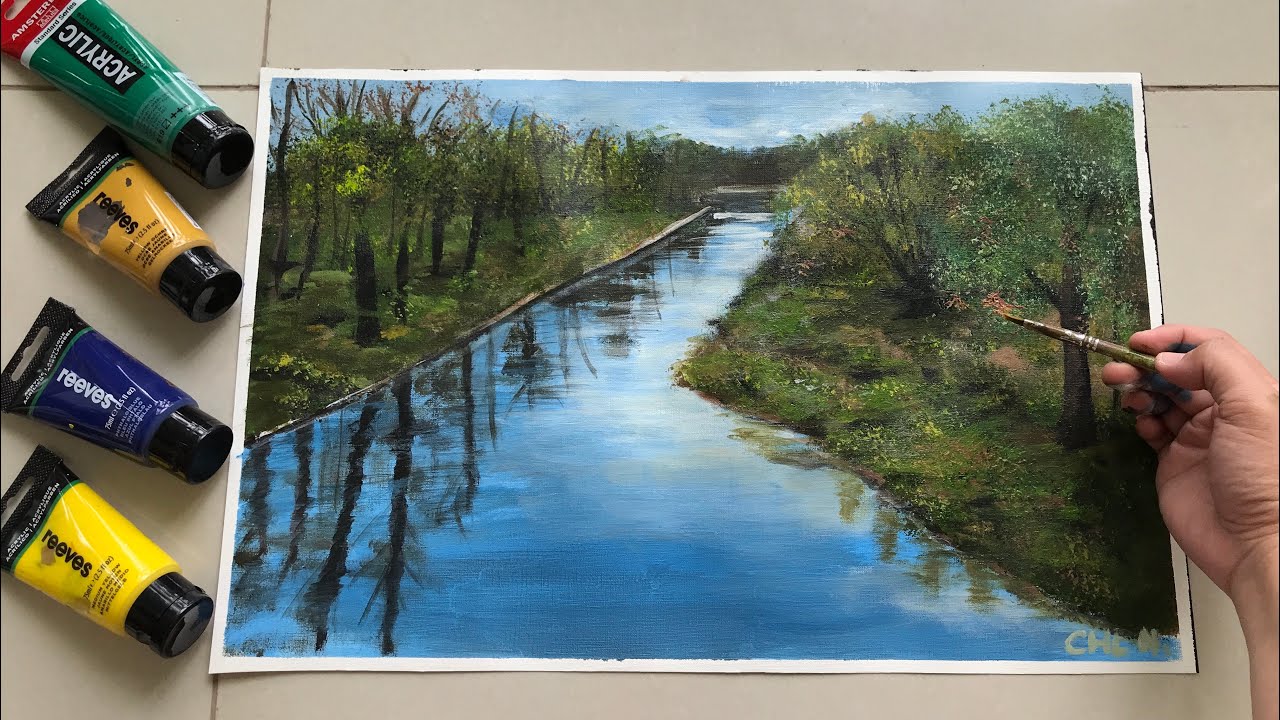 Landscape Painting/ Water Reflections/ Tutorial Using Acrylics - YouTube