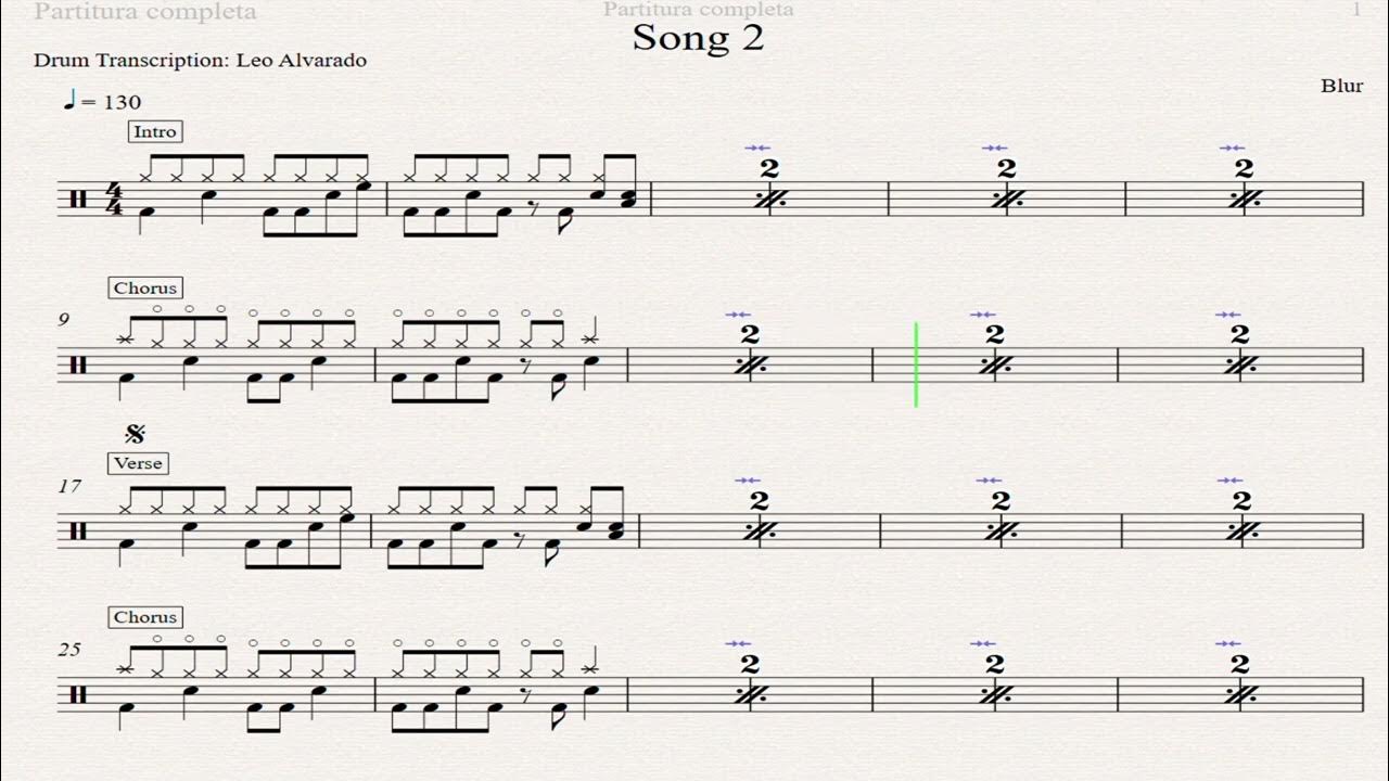 Song 2 - Blur- Drum Sheet Demo - YouTube