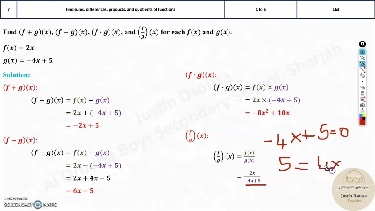 G10Adv 7 Find sums, differences, products, and quotients of functions - YouTube