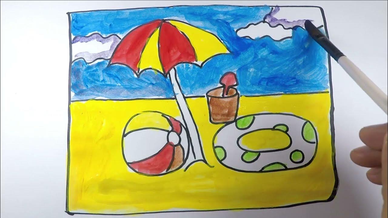 Summer Season Drawing Easy | How to Draw Sea Beach Scenery Easy step by ...