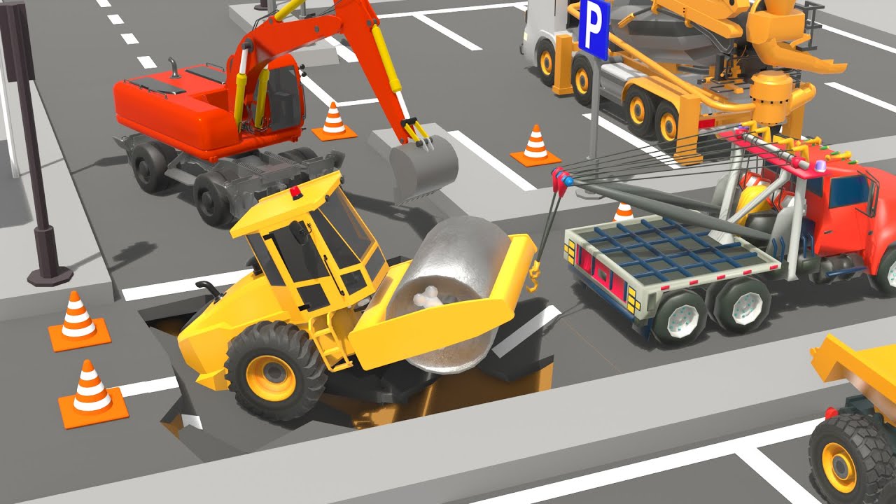 Fixing a Broken Road With Excavator, Road Roller And Tow Truck | 3D ...