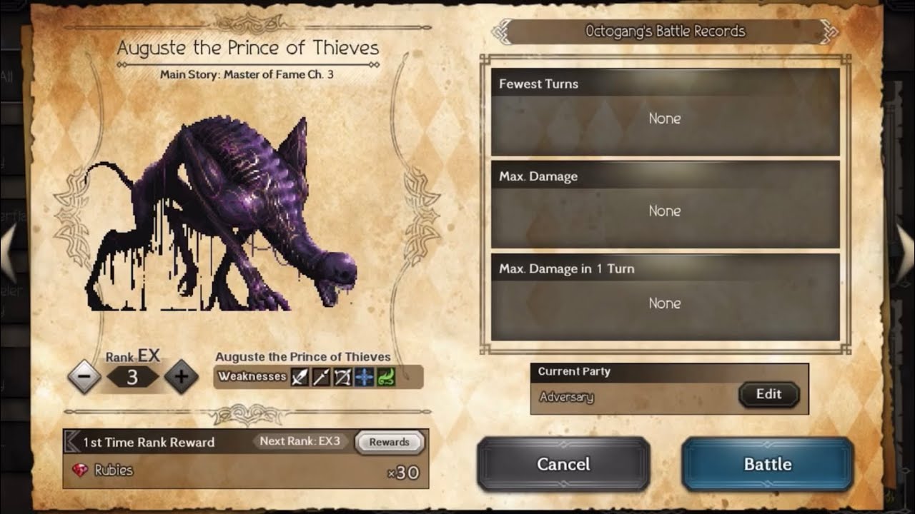 Octopath CotC: Auguste the Prince of Thieves EX3 (Adversary Log) - YouTube