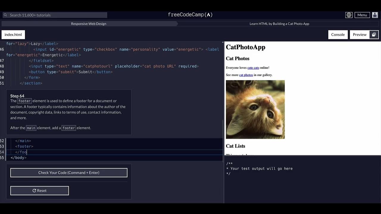 FreeCodeCamp - Responsive Web Design - Step 64 of 71 - Learn HTML by Building a Cat Photo App ...