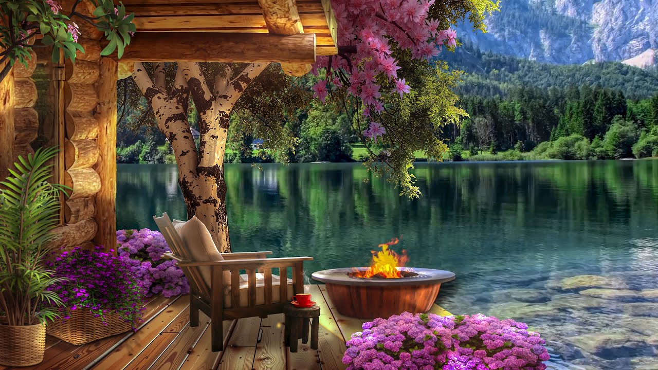 Cozy Ambience | Cozy Spring Porch by the Lake | Crackling Fireplace ...