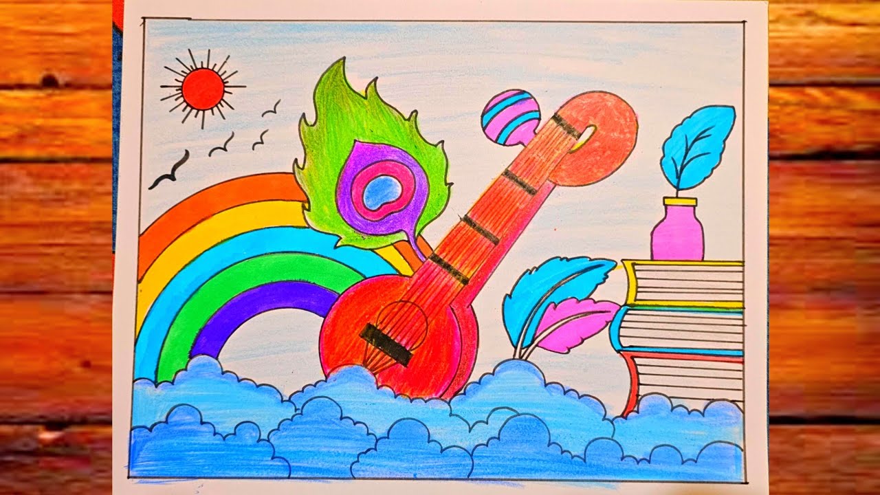 Saraswati Maa Half Face With Bina Drawing Easy | Saraswati Maa Drawing ...