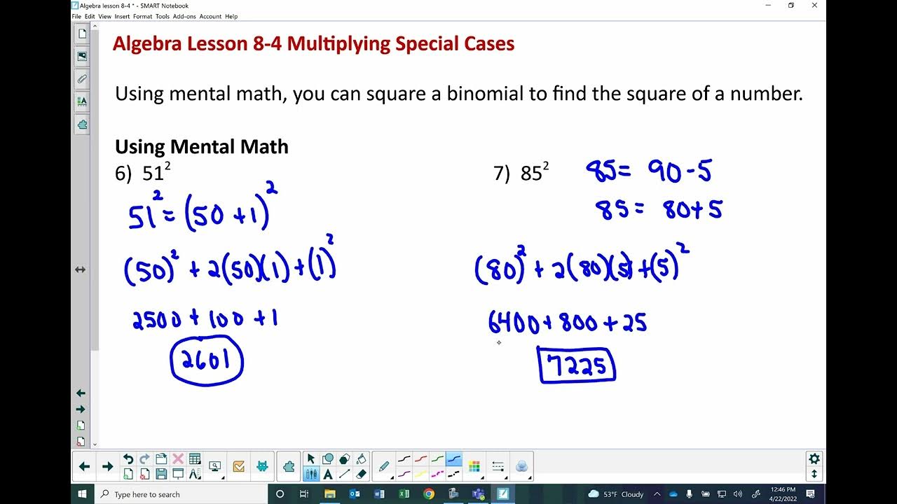 Algebra Lesson 8 4 Multiplying Special Cases - YouTube