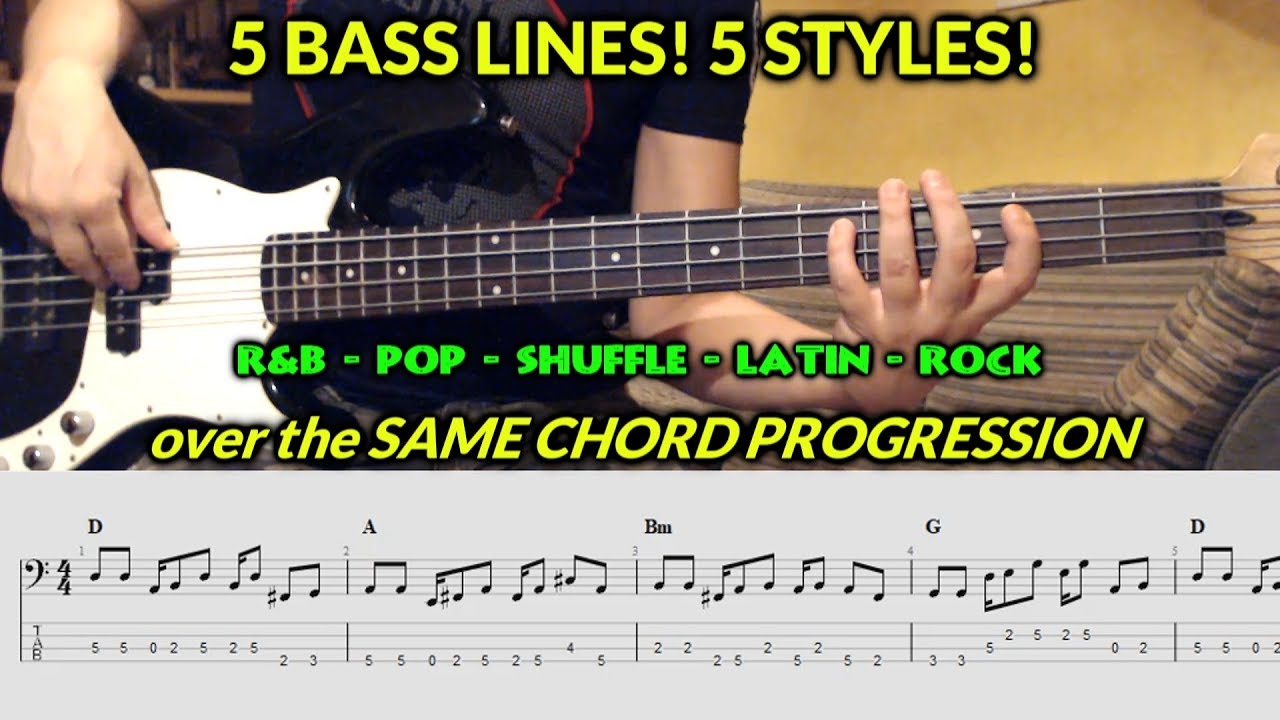 BASS LINES - 5 BASS STYLES (over the same Chord Progression) with TAB ...
