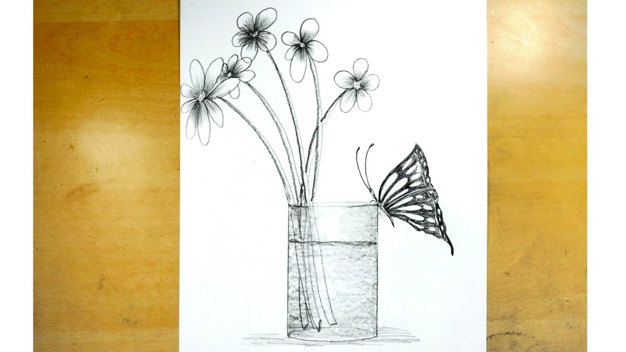 Flower Vase And Butterfly Drawing || Step By Step || Littleguy - YouTube