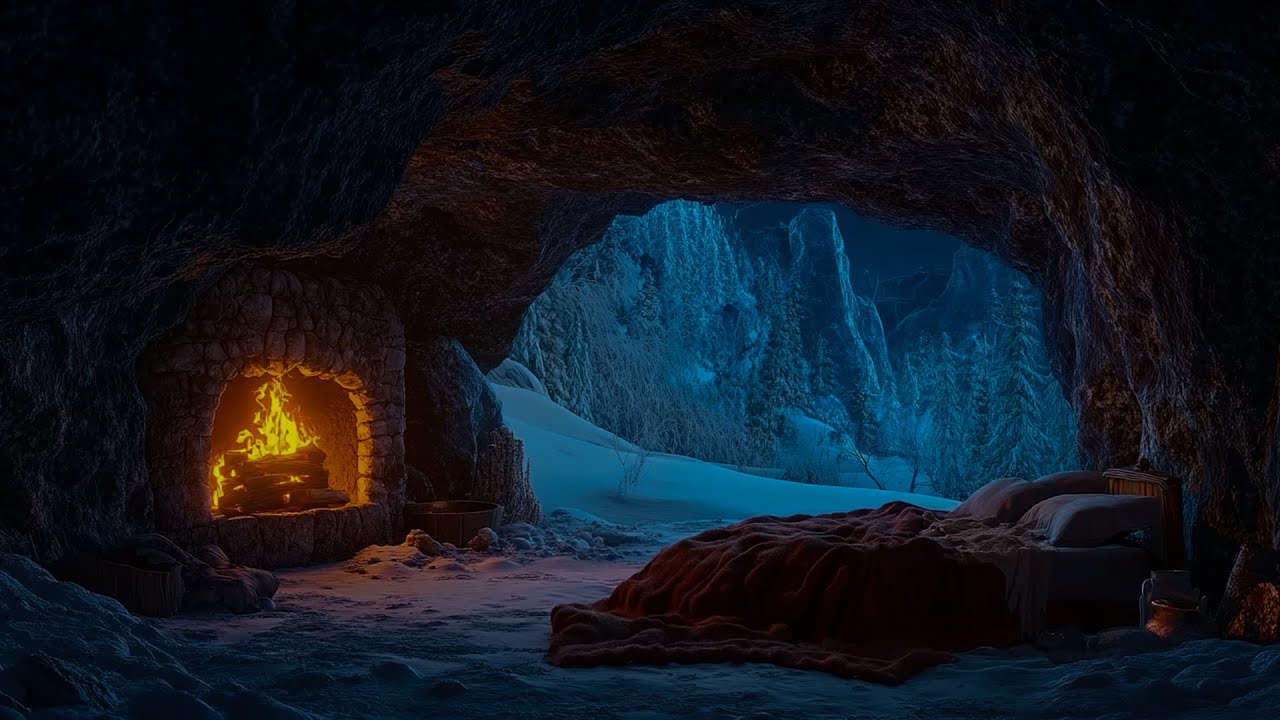 Relaxing Snowstorm & Fireplace Sounds 🕯 Cozy Cave Ambience for Deep ...