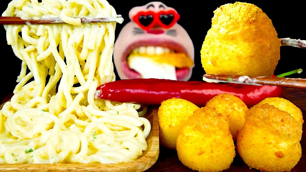 ASMR MUKBANG :) Cheese Noodle & Giant Cheese Ball Eating Show! - YouTube