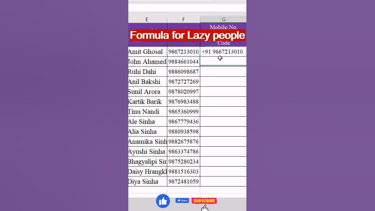 Formula For Lazy People Ii How To Add Country Code In Excel Exceltricks Exceltips Excelshort 1085