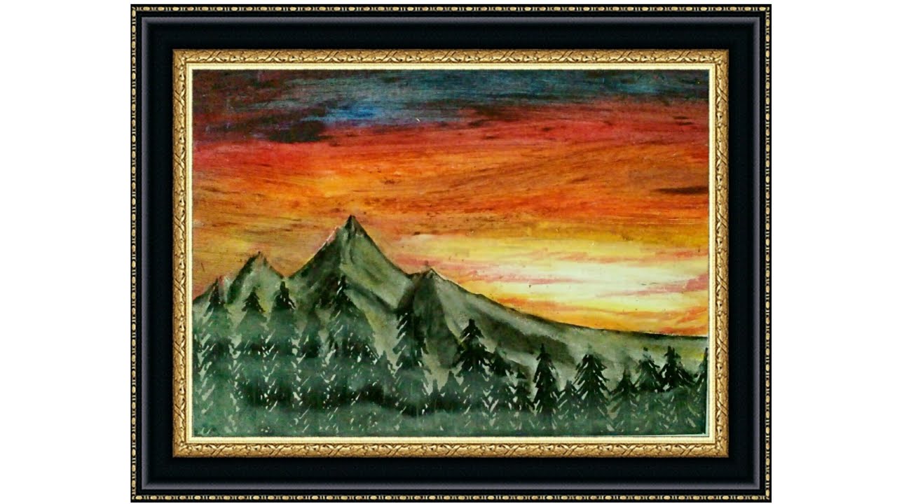 menggambar pemandangan gunung. crayon techniquse drawing scenery ...