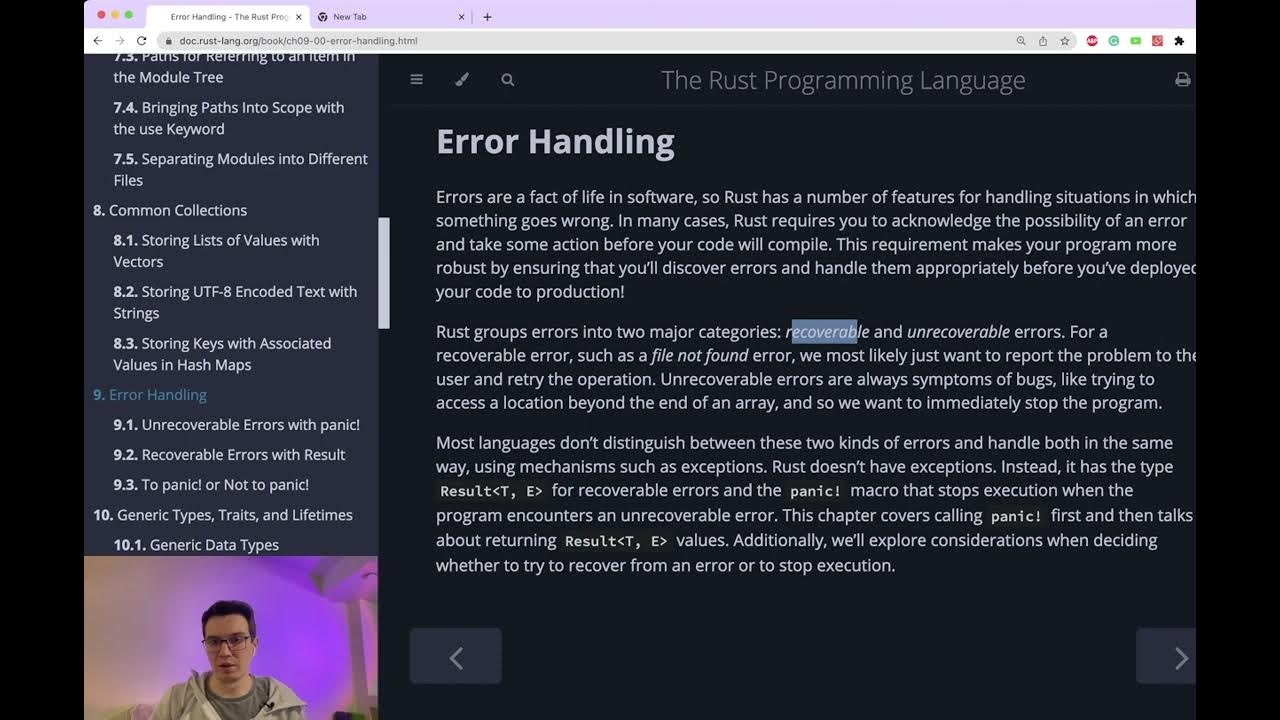 I'm reading Rust Book. 9. Error Handling 9.1 panic! 9.2 error with result - YouTube