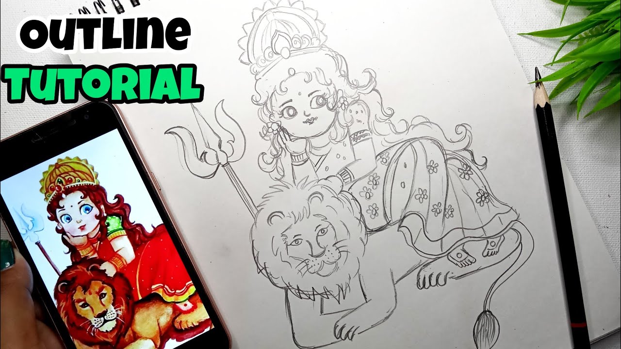Cute Maa Durga Outline Tutorial || How to draw easy maa durga outline ...