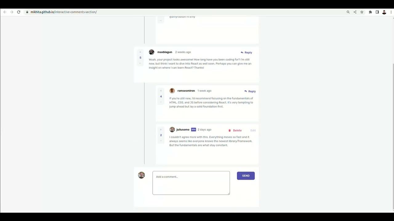 Interactive Comments Section Html Css Vanillajs Youtube