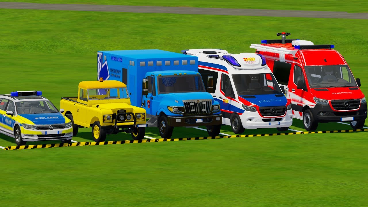 transporting police cars, ambulance emrgency vehicles and fire trucks ...