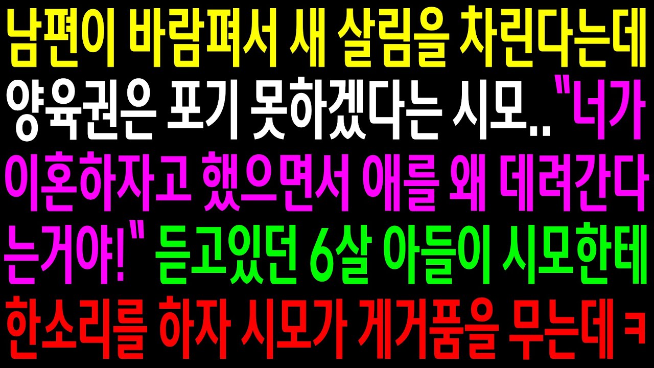 실화사연남편이 바람펴서 새 살림을 차린다는데 양육권은 포기 못하겠다는 시모듣고 있던 아들이 시모한테 한소리를 하자 시모가