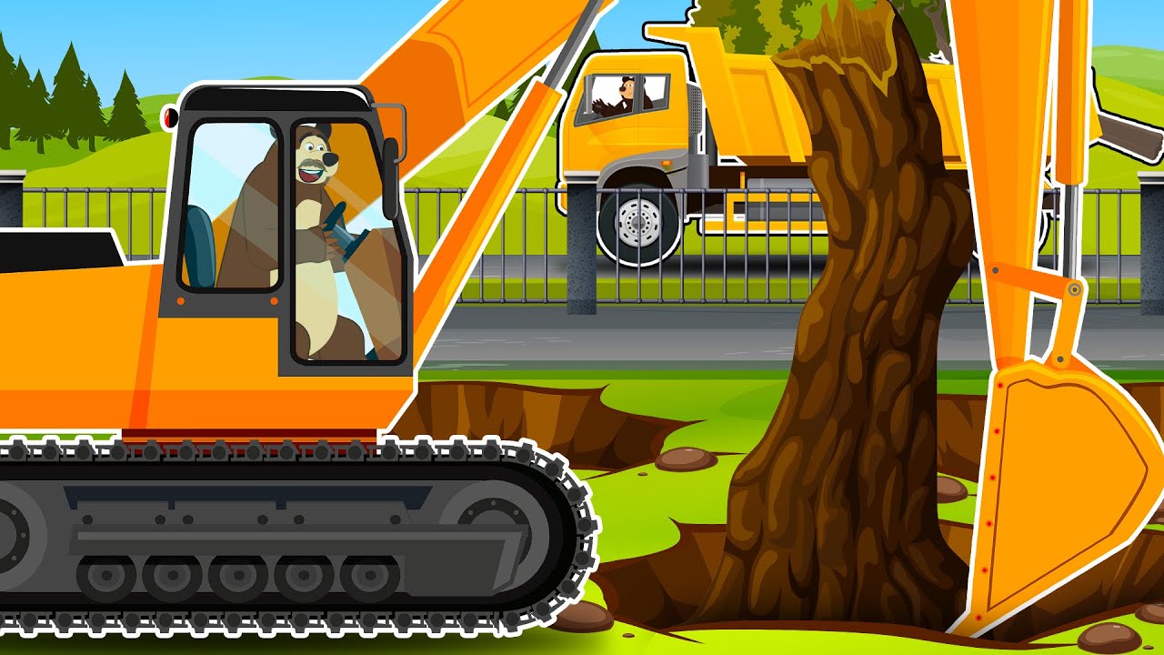 Excavator digging up tree stump - Dump truck transporting tree ...