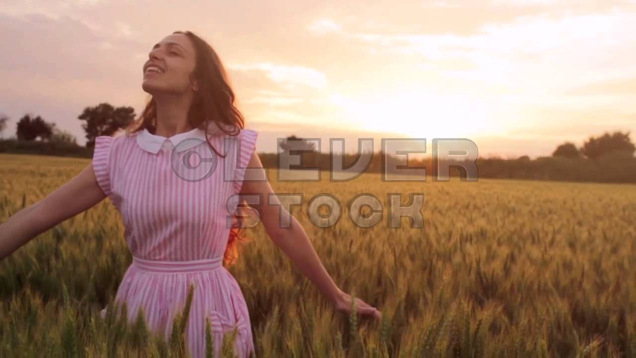 Happy Joy Laughing Beauty Woman Spinning Jumping Sunset Field - Stock ...