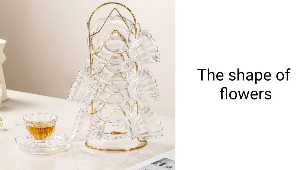 Flower shape glass cup and saucer set tea glass coffee cup with metal ...