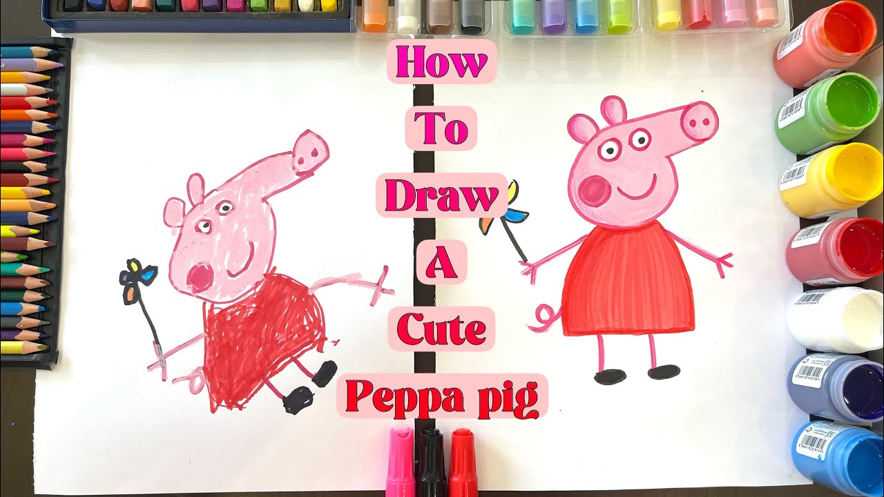 How to draw a cute Peppa pig with colorful pinwheel in her hand(Step By ...