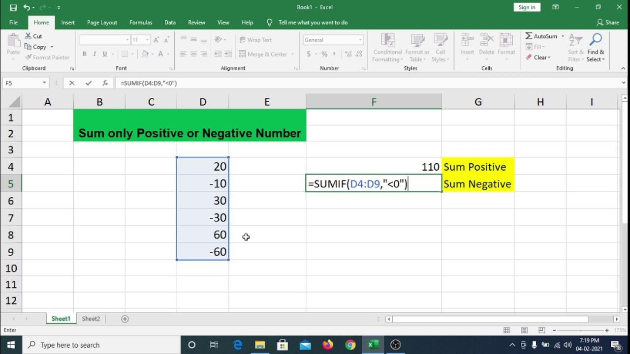 How To Sum Positive and Negative Numbers (SUMIF) Using Function in MS Excel - YouTube