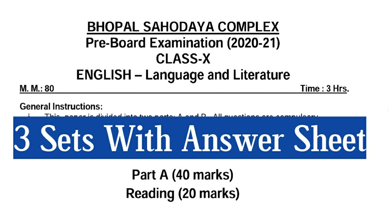 English Class 10 Cbse Pre Board Exam Paper With Answer Sheet 2021 ...