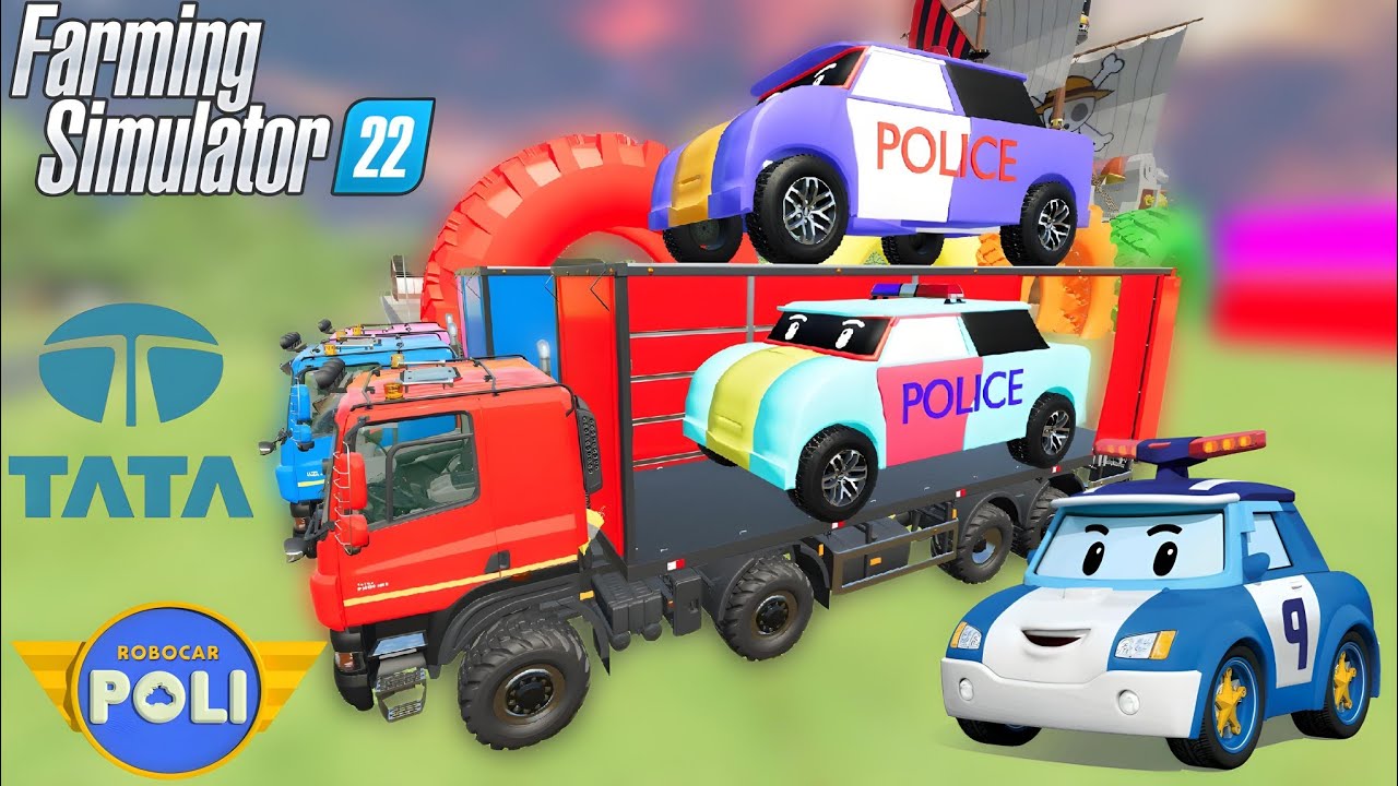 POLICE CAR TRANSPORTING TATA TRUCK ON THE TRACK DELIVERY ROBOCAR POLI ...