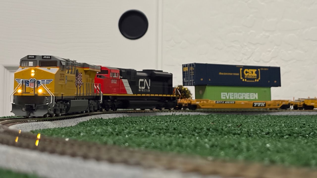 Union Pacific intermodal Freight train with CN 8102 on my new layout Ho ...